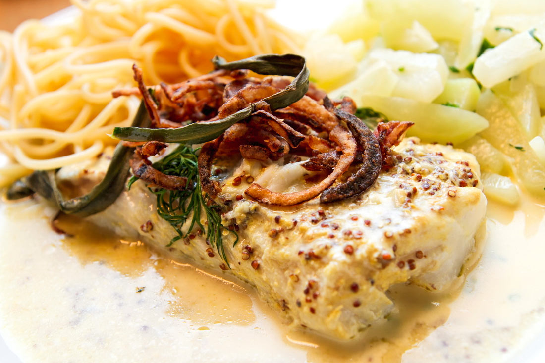 Cod Fillet, Cabbage, Fried Onions, and Spaghetti - Gourmet - GuideBG